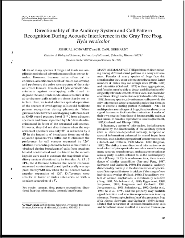 (PDF) Directionality of the Auditory System and Call Pattern Recognition During Acoustic ...