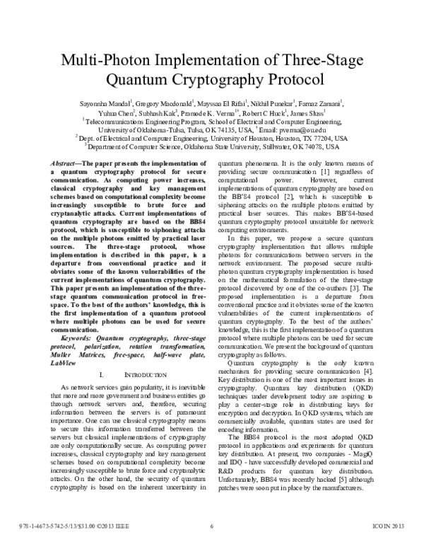(PDF) Multi-photon implementation of three-stage quantum cryptography protocol