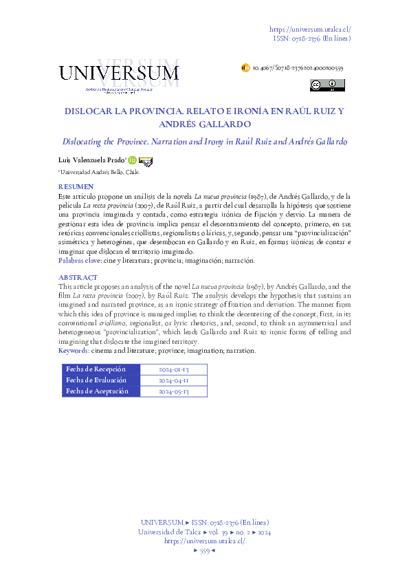 (PDF) Luis Valenzuela: DISLOCAR LA PROVINCIA. RELATO E IRONÍA EN RAÚL ...