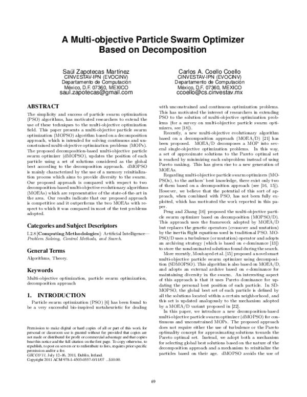 (PDF) A multi-objective particle swarm optimizer based on decomposition