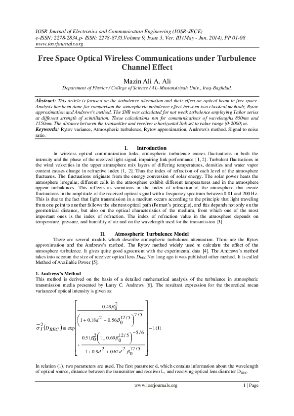 (PDF) Free Space Optical Wireless Communications under Turbulence ...