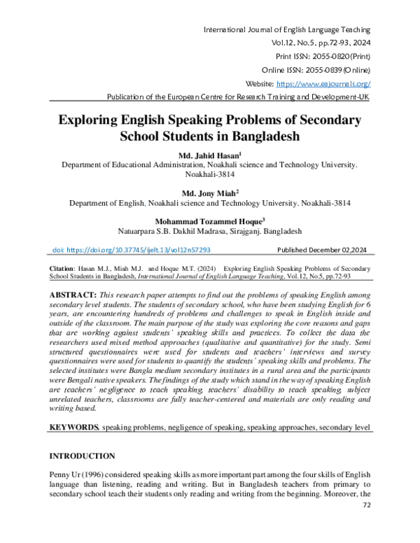 (PDF) Exploring English Speaking Problems of Secondary School Students ...