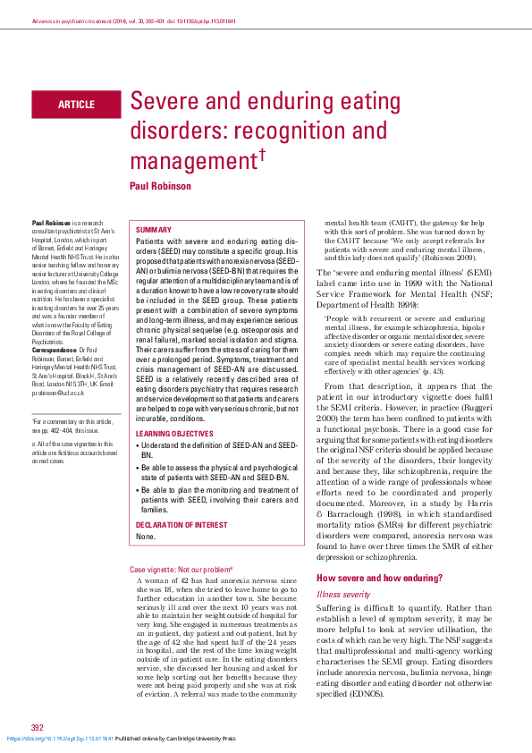 (PDF) Severe and enduring eating disorders: recognition and management