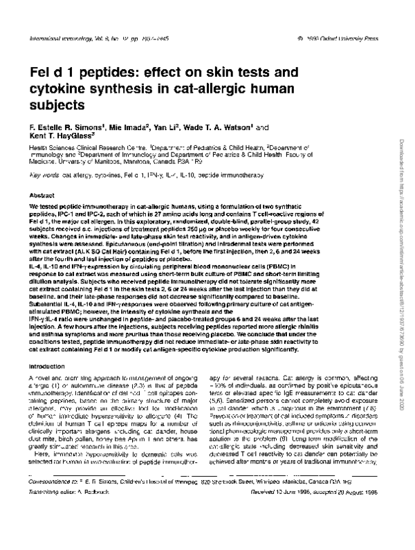 (PDF) Fel d 1 peptides: effect on skin tests and cytokine synthesis in ...