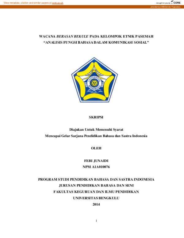 (PDF) Wacana Berasan Bekule Pada Kelompok Etnik Pasemah “Analisis ...