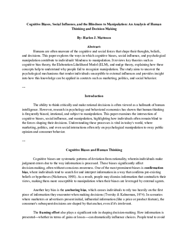 (PDF) Cognitive Biases, Social Influence, and the Blindness to ...
