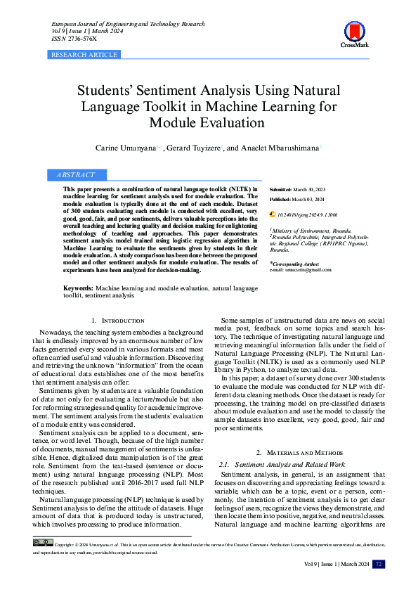 (PDF) Students’ Sentiment Analysis Using Natural Language Toolkit in Machine Learning for Module ...