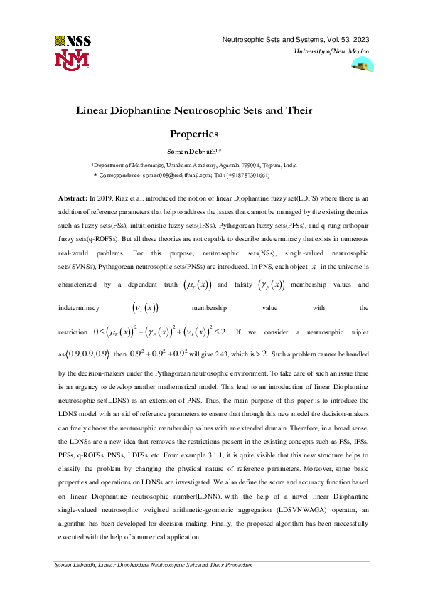 (PDF) Linear Diophantine Neutrosophic Sets and Their Properties