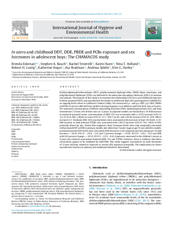 (PDF) In utero and childhood DDT, DDE, PBDE and PCBs exposure and sex hormones in adolescent ...