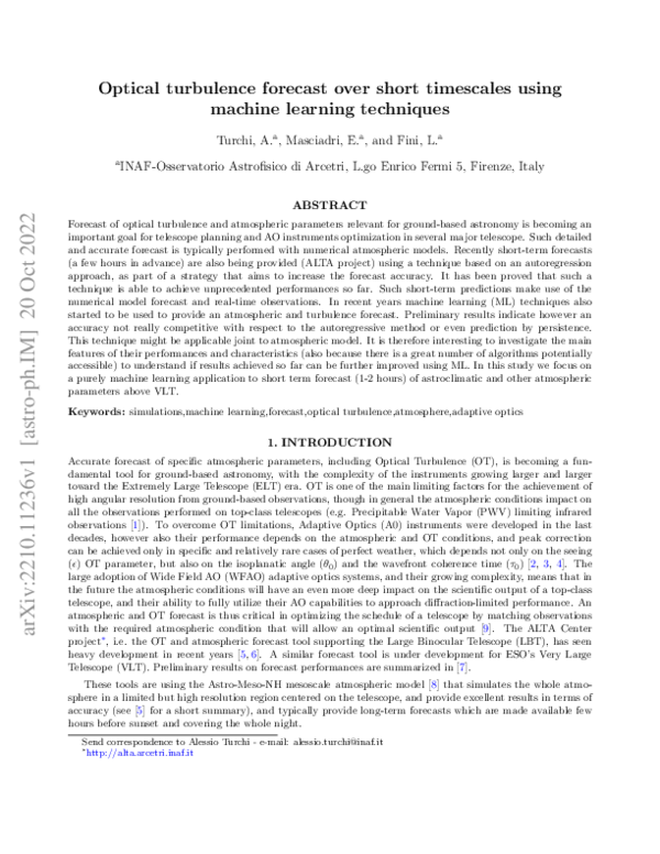 (PDF) Optical turbulence forecast over short timescales using machine learning techniques