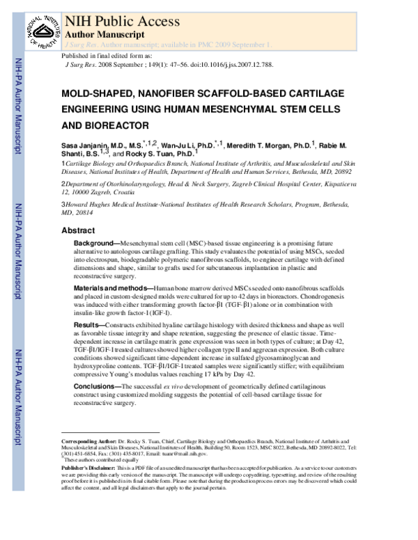 (PDF) Mold-Shaped, Nanofiber Scaffold-Based Cartilage Engineering Using Human Mesenchymal Stem ...