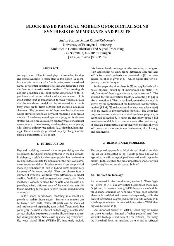 (PDF) Blocked-based physical modeling for digital sound synthesis