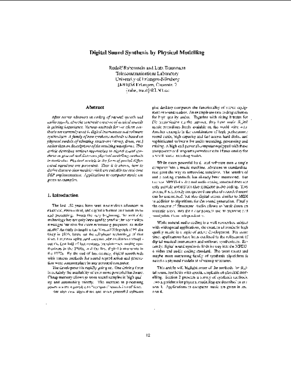 (PDF) Digital sound synthesis by physical modelling