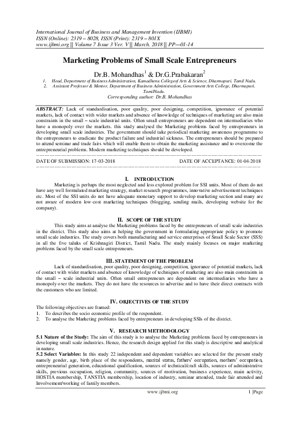 (PDF) Marketing Problems of Small Scale Entrepreneurs
