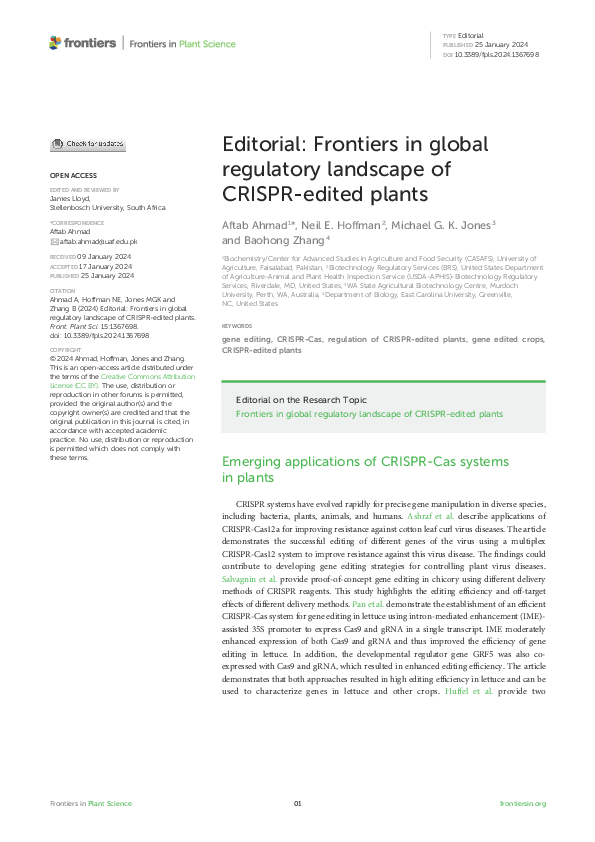(PDF) Editorial: Frontiers in global regulatory landscape of CRISPR-edited plants