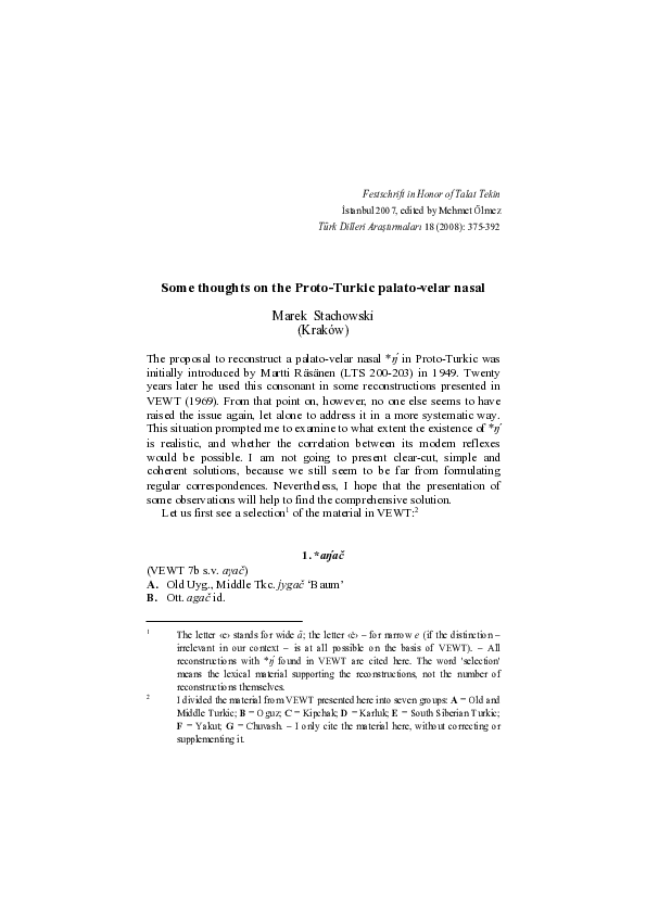 (PDF) Some thoughts on the Proto-Turkic palato-velar nasal