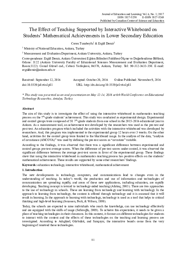 (PDF) The Effect of Teaching Supported by Interactive Whiteboard on Students’ Mathematical ...