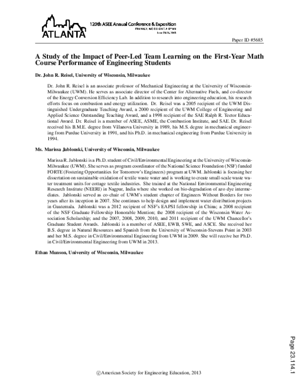(PDF) A Study of the Impact of Peer-Led Team Learning on the First-Year ...