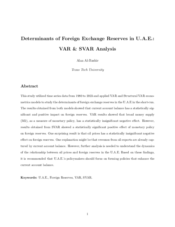 (PDF) Determinants of Foreign Exchange Reserves in the U.A.E.: VAR & SVAR Analysis