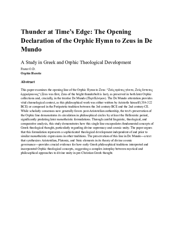 (PDF) Thunder at Time's Edge: The Opening Declaration of the Orphic Hymn to Zeus in De Mundo A ...