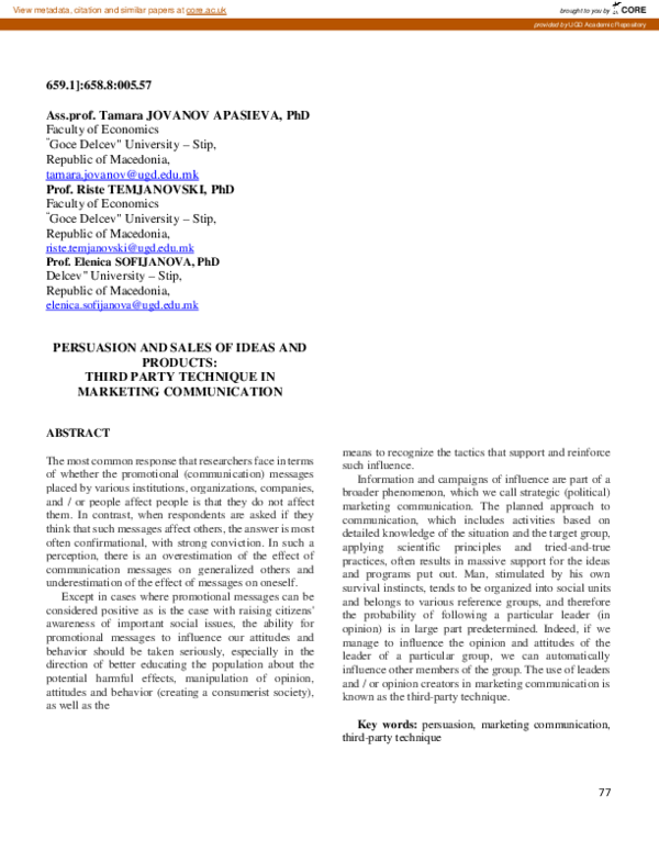 (PDF) Persuasion and sales of ideas and products: third party technique ...