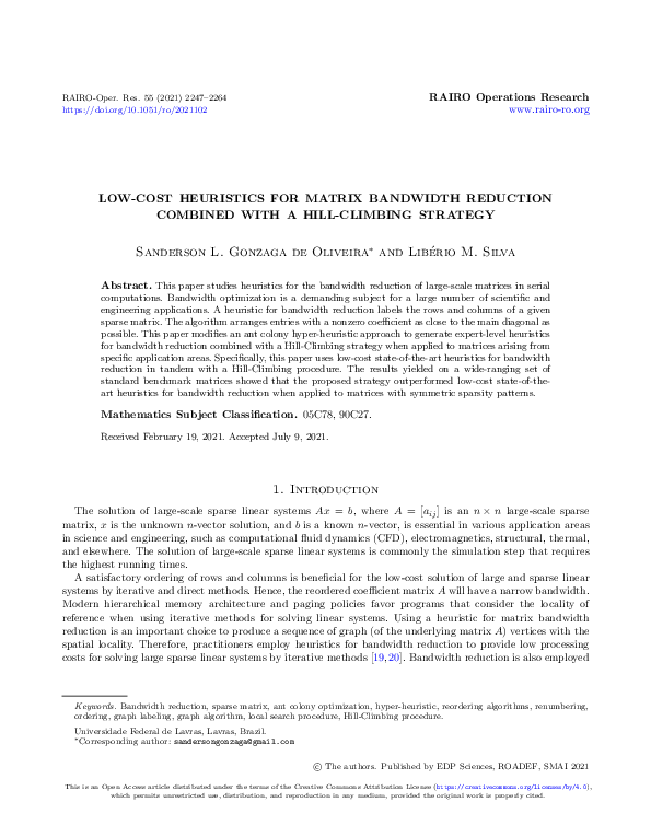 (PDF) Low-cost heuristics for matrix bandwidth reduction combined with a Hill-Climbing strategy