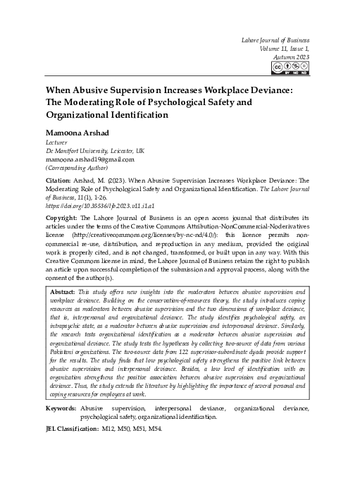 (PDF) When Abusive Supervision Increases Workplace Deviance: The ...