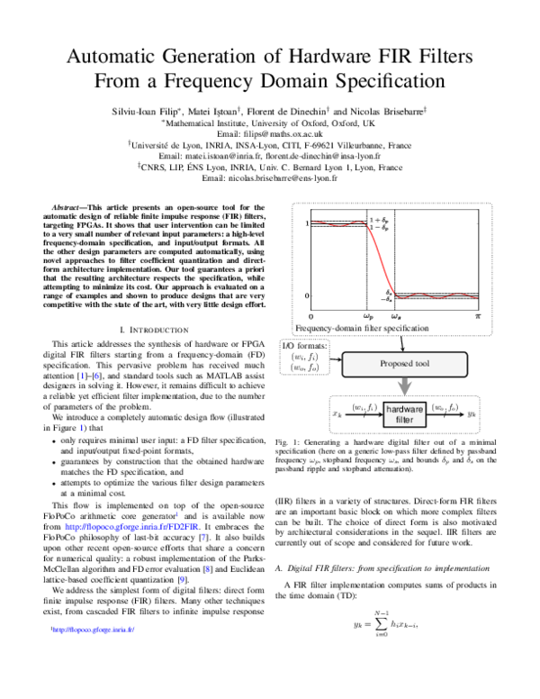 (PDF) Automatic generation of hardware FIR filters from a frequency domain specification