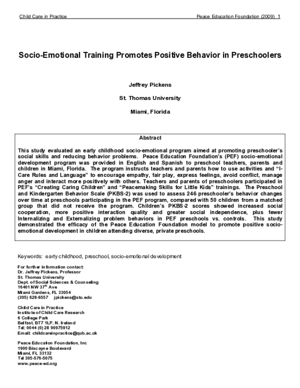 (PDF) Socio-Emotional Training Promotes Positive Behavior in Preschoolers