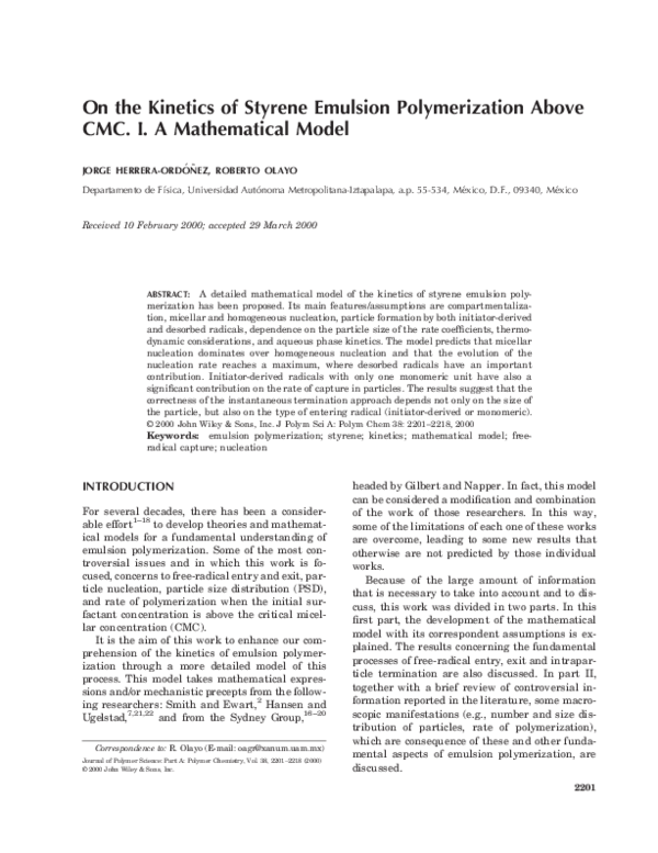 (PDF) On the kinetics of styrene emulsion polymerization above CMC. II ...