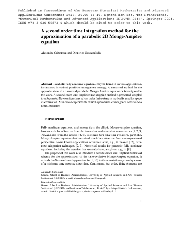 Pdf A Second Order Time Integration Method For The Approximation Of A Parabolic 2d Monge
