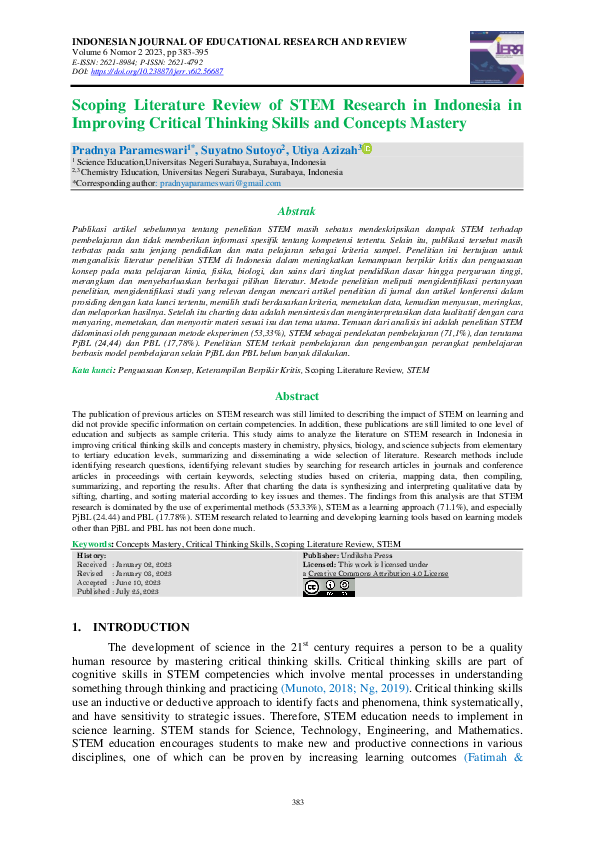 (PDF) Scoping Literature Review of STEM Research in Indonesia in ...