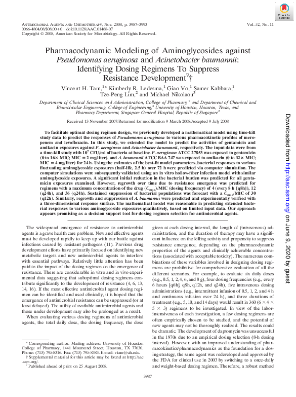 (PDF) Pharmacodynamic Modeling of Aminoglycosides against Pseudomonas aeruginosa and ...