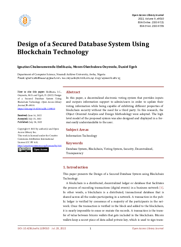 (PDF) Design of a Secured Database System Using Blockchain Technology