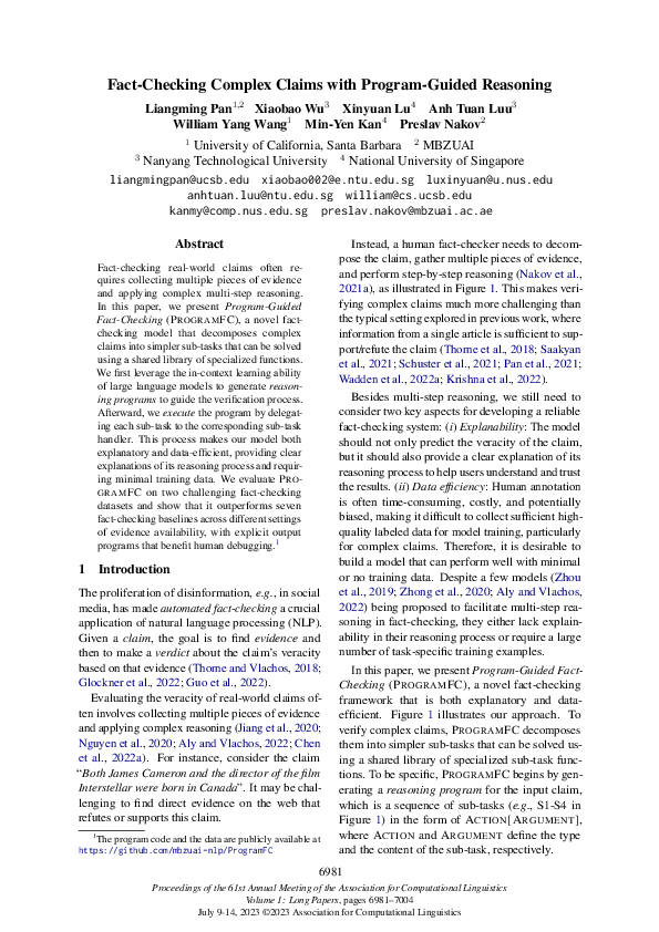 (PDF) Fact-Checking Complex Claims with Program-Guided Reasoning