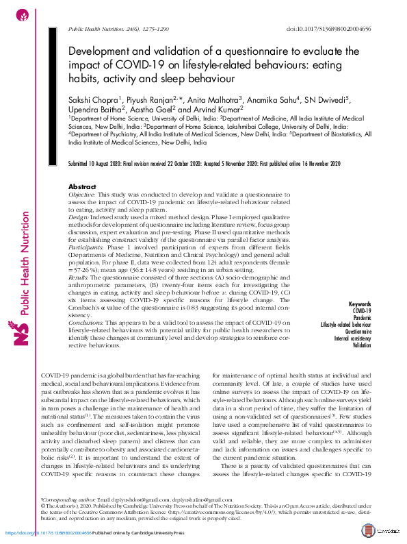 (PDF) Development and validation of a questionnaire to evaluate the impact of COVID-19 on ...