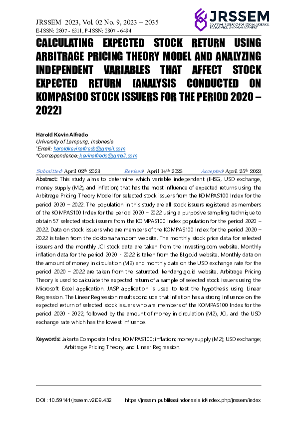 Pdf Calculating Expected Stock Return Using Arbitrage Pricing Theory 6348