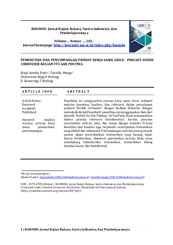 (PDF) PEMENUHAN DAN PENYIMPANGAN PRINSIP KERJA SAMA GRICE: PODCAST DEDDY CORBUZIER-KULIAH ITU ...