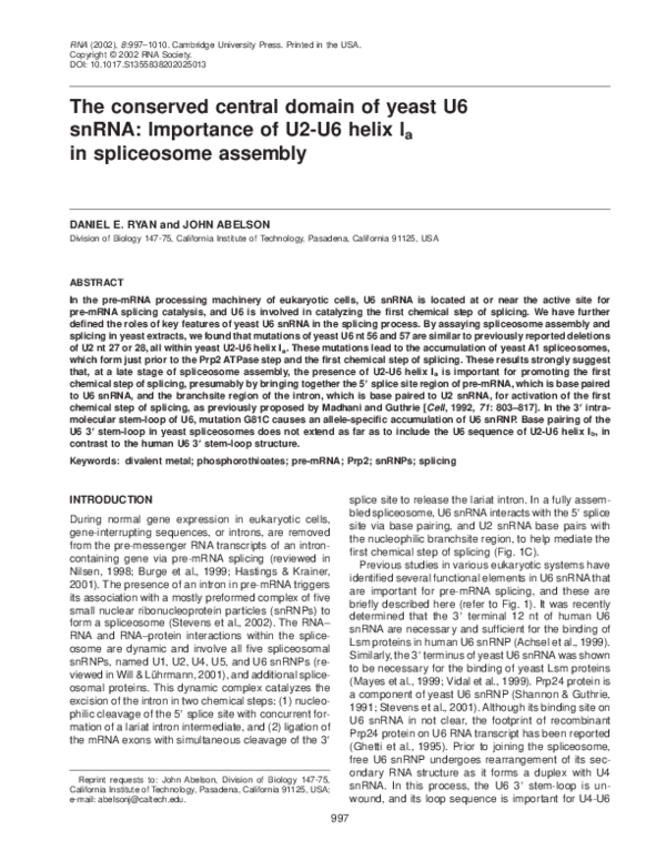 (PDF) The conserved central domain of yeast U6 snRNA: Importance of U2 ...