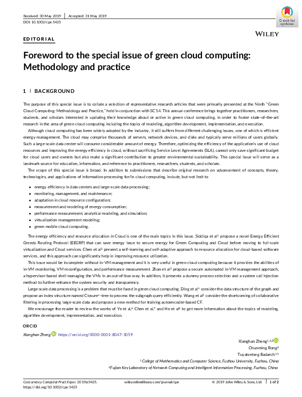 (PDF) Foreword to the special issue of green cloud computing: Methodology and practice