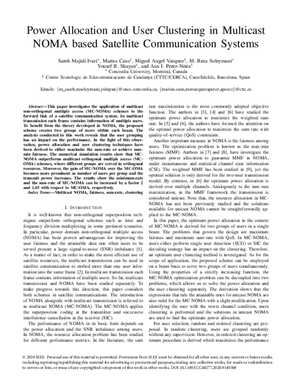 (PDF) Power Allocation and User Clustering in Multicast NOMA based Satellite Communication Systems