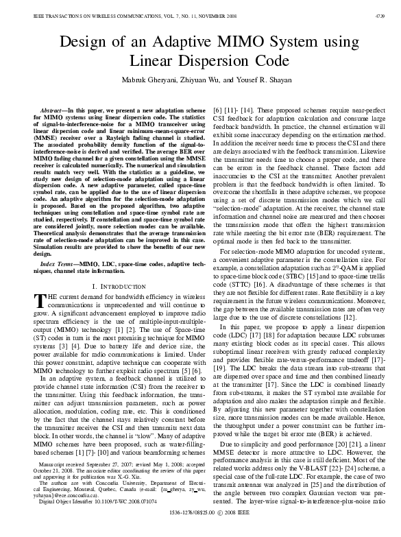 (PDF) Design of an Adaptive MIMO System using Linear Dispersion Code