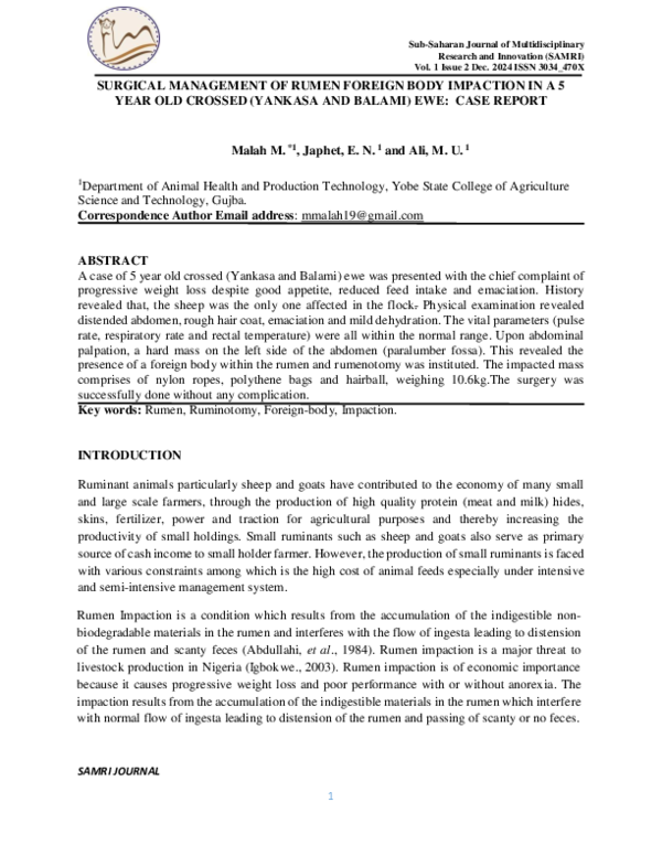 (PDF) SURGICAL MANAGEMENT OF RUMEN FOREIGN BODY IMPACTION IN A 5 YEAR ...