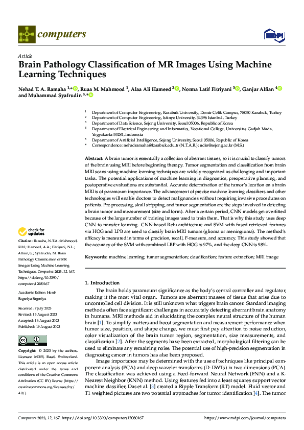 (PDF) Brain Pathology Classification of MR Images Using Machine Learning Techniques