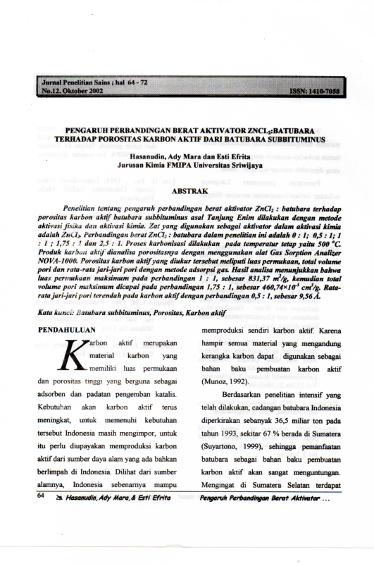 (PDF) Pengaruh Perbandingan Berat Aktivator Zncl2: Batubara terhadap Porositas Karbon Aktif dari ...