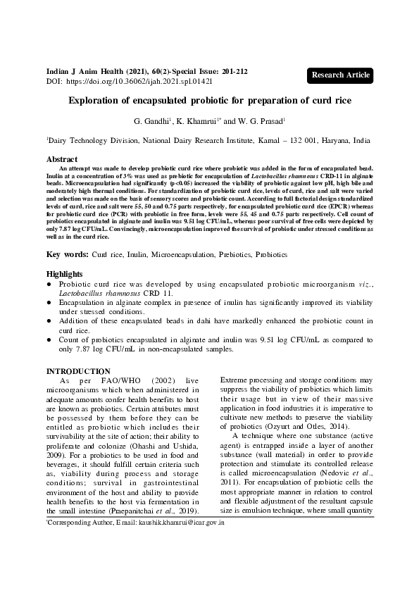 (PDF) Exploration of encapsulated probiotic for preparation of curd rice