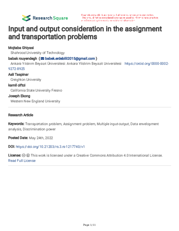 (PDF) Input and output consideration in the assignment and transportation problems