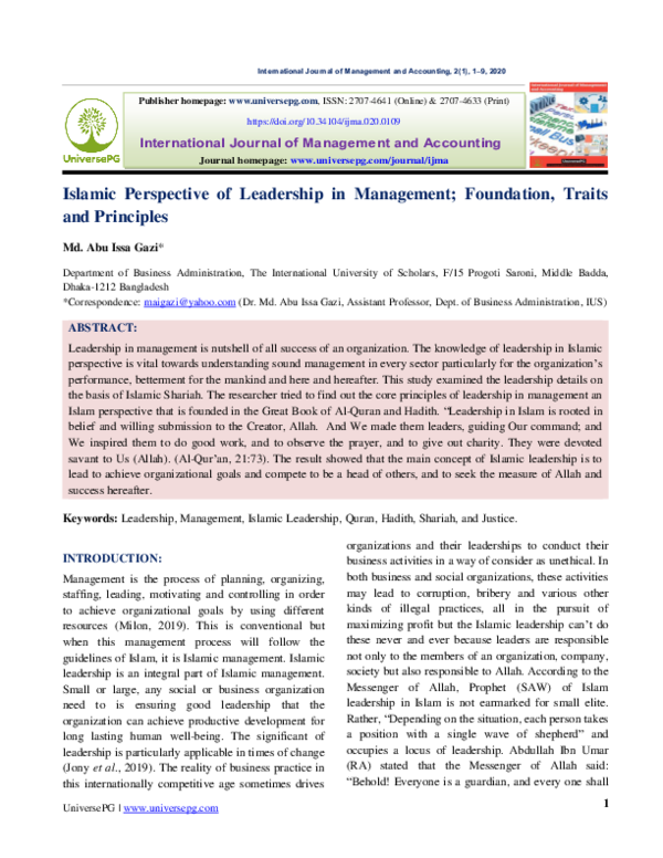 (PDF) Islamic Perspective of Leadership in Management; Foundation ...