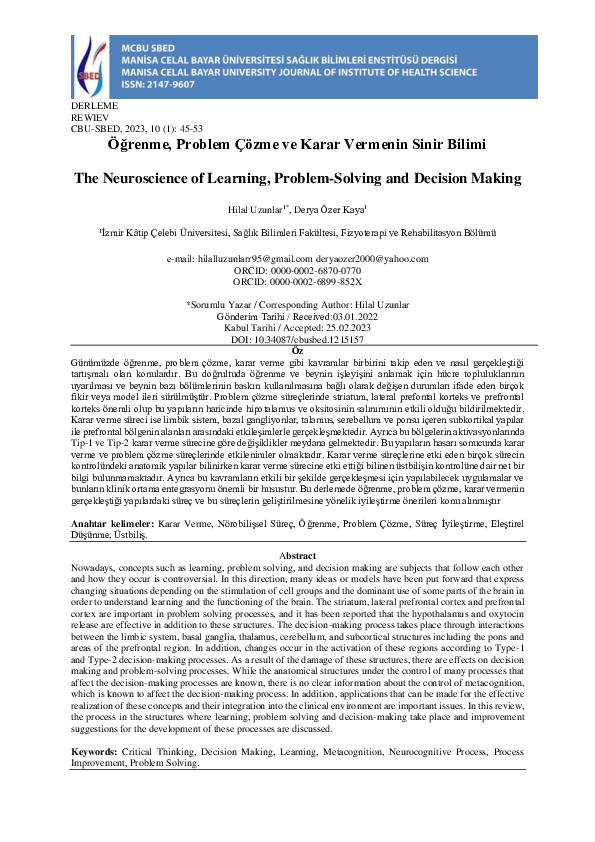 (PDF) The Neuroscience of Learning, Problem-Solving and Decision Making