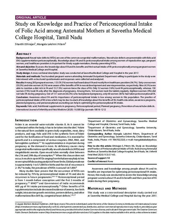 (PDF) Study on Knowledge and Practice of Periconceptional Intake of ...